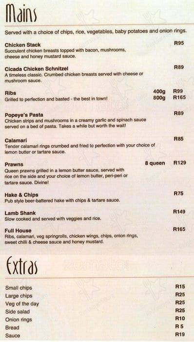 Menu at Cicada restaurant, Nelspruit