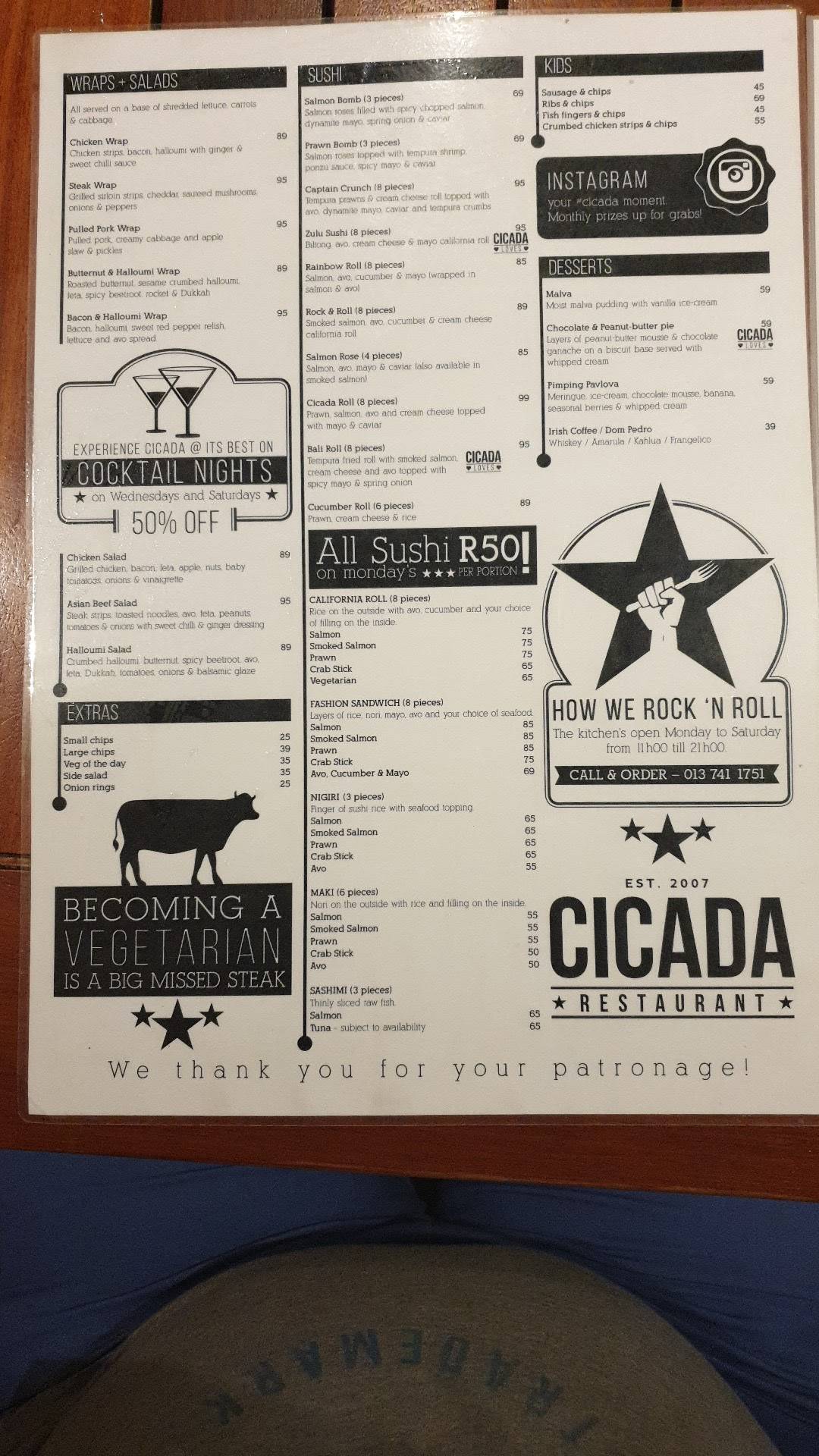 Menu at Cicada restaurant, Nelspruit
