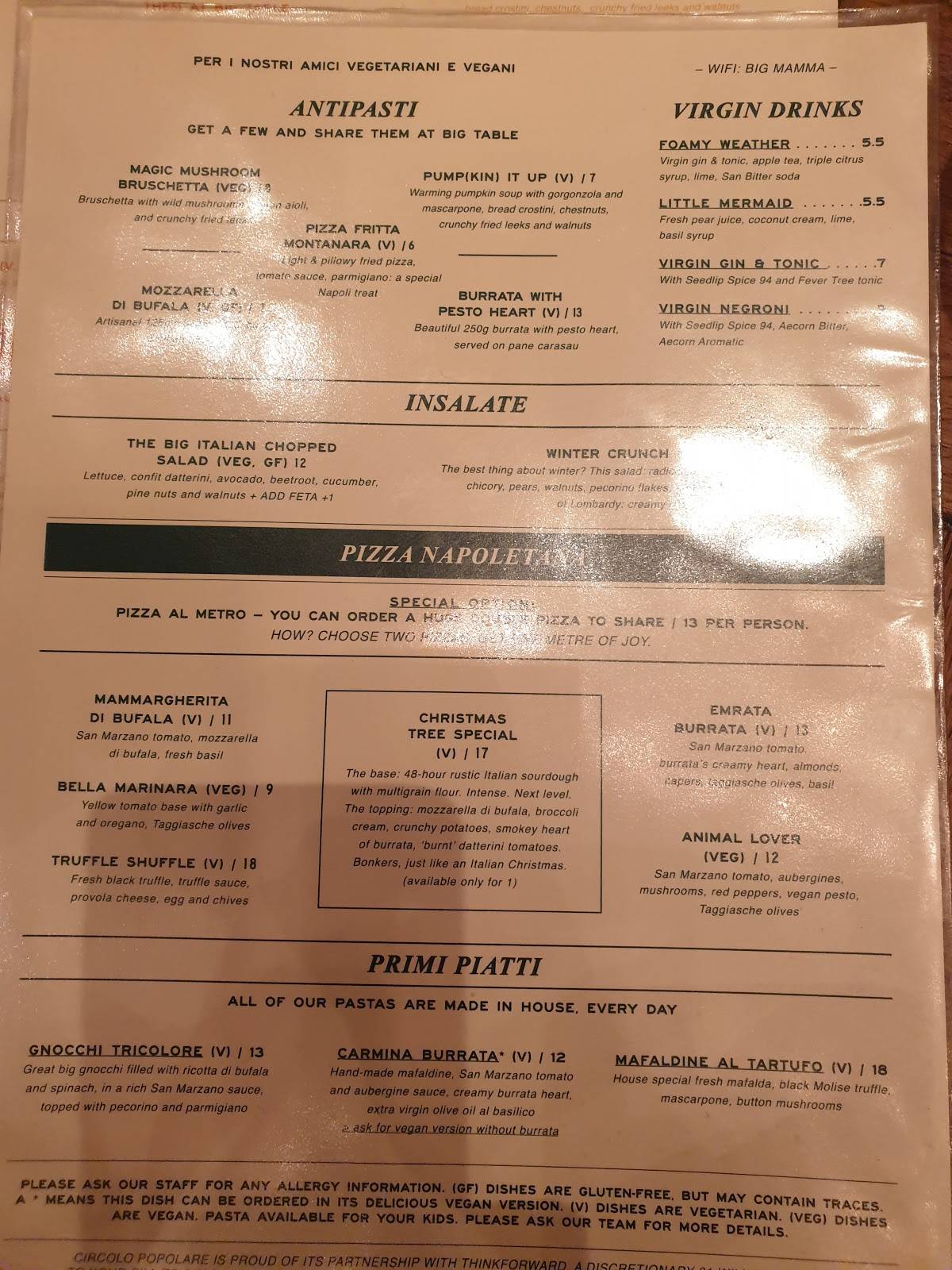 Menu at Circolo Popolare restaurant, London