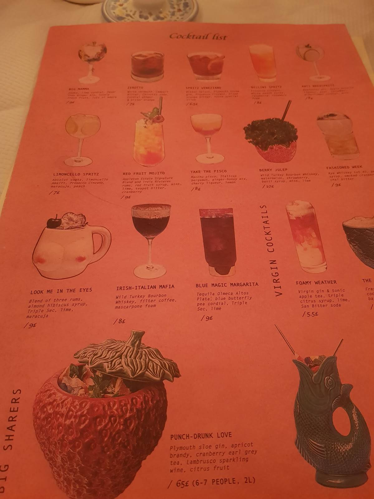 Menu at Circolo Popolare restaurant, London