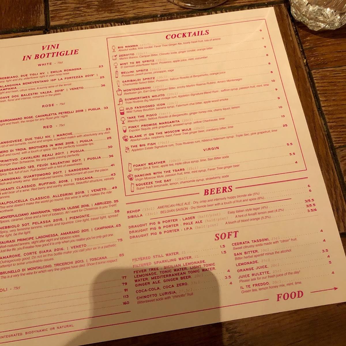 Menu at Circolo Popolare restaurant, London