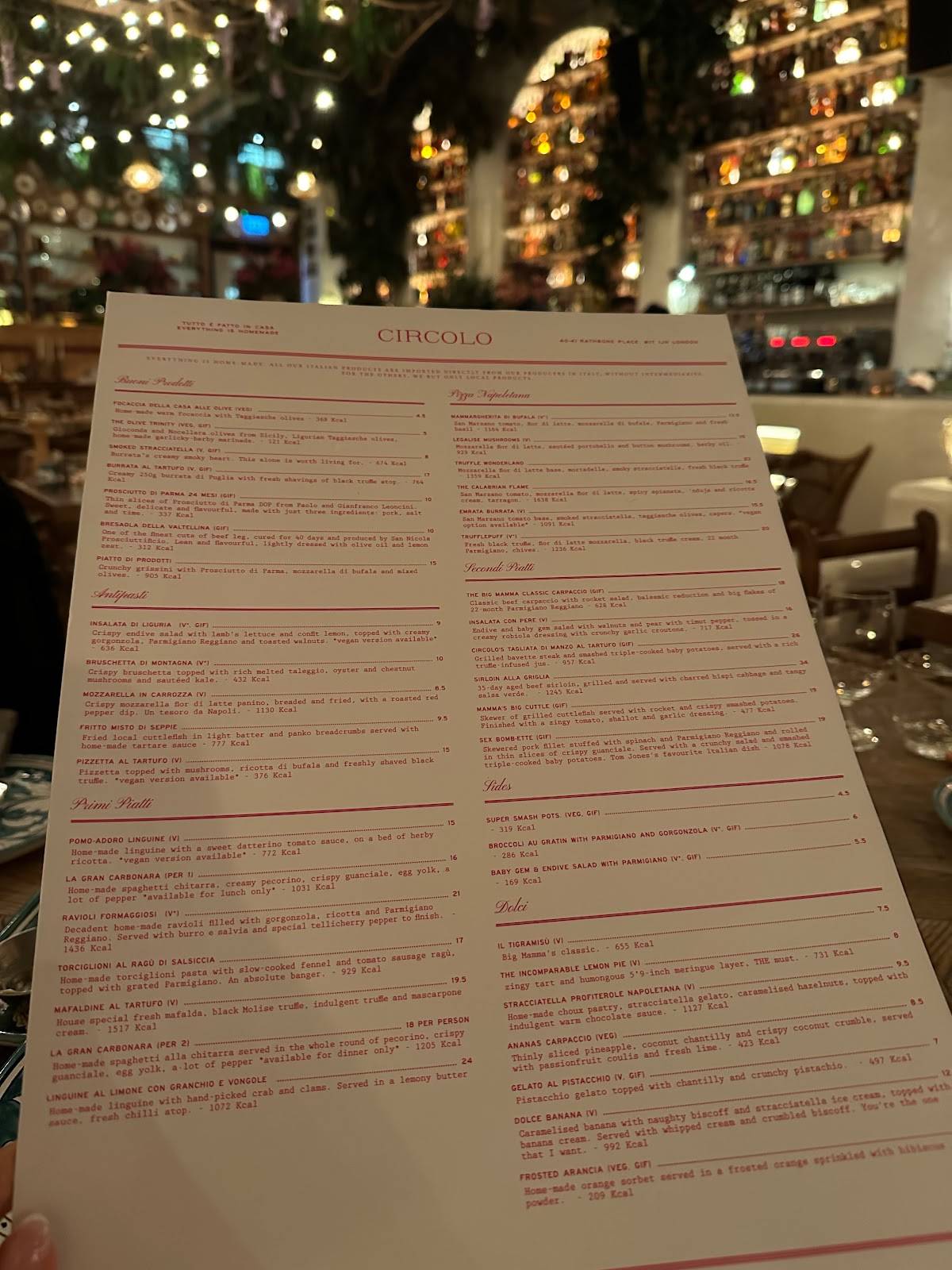Menu at Circolo Popolare restaurant, London