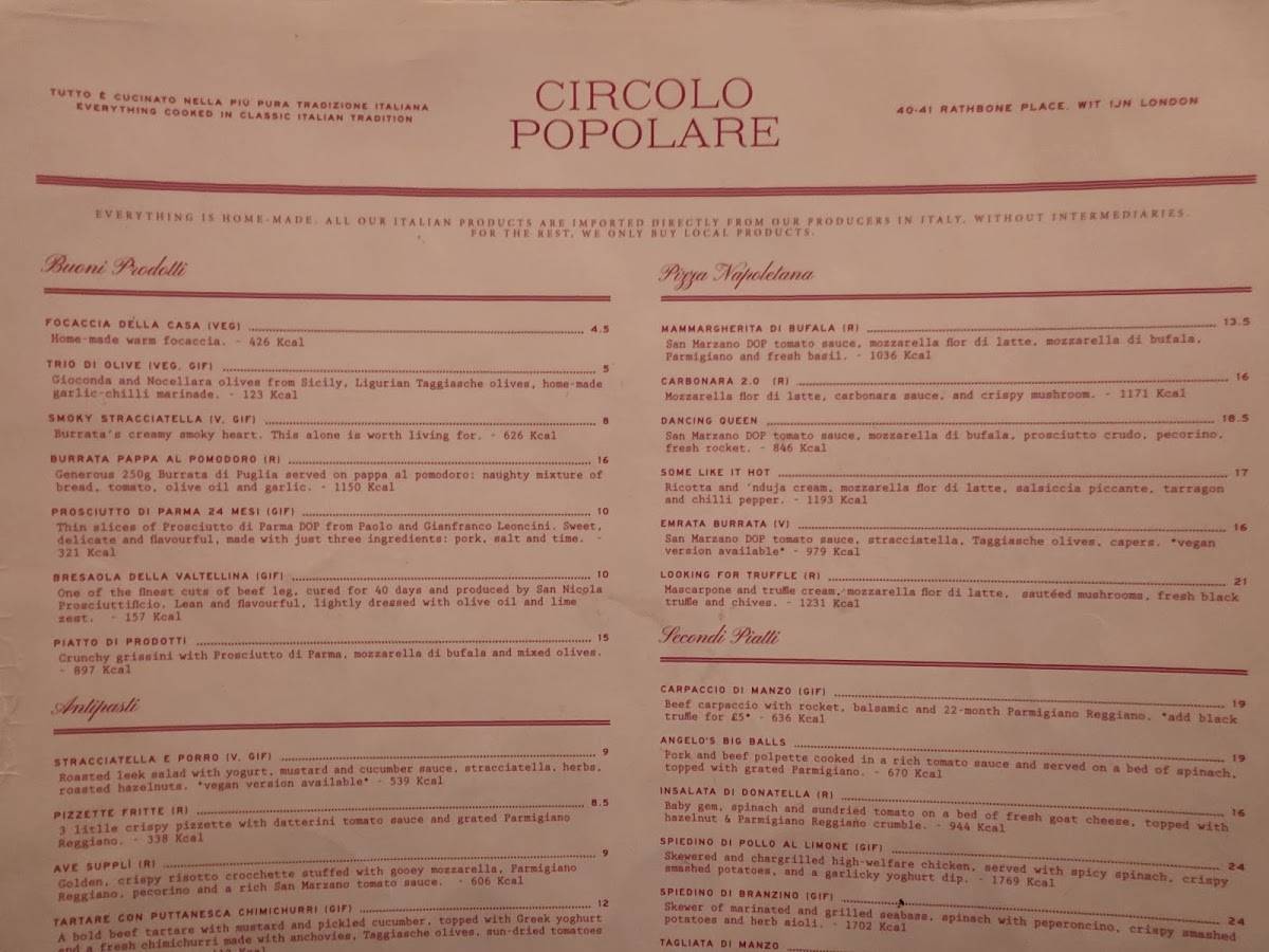 Menu at Circolo Popolare restaurant, London
