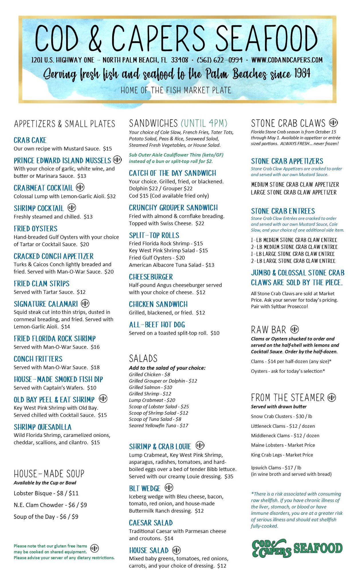 Menu at Cod & Capers Seafood Marketplace and Café restaurant, North ...