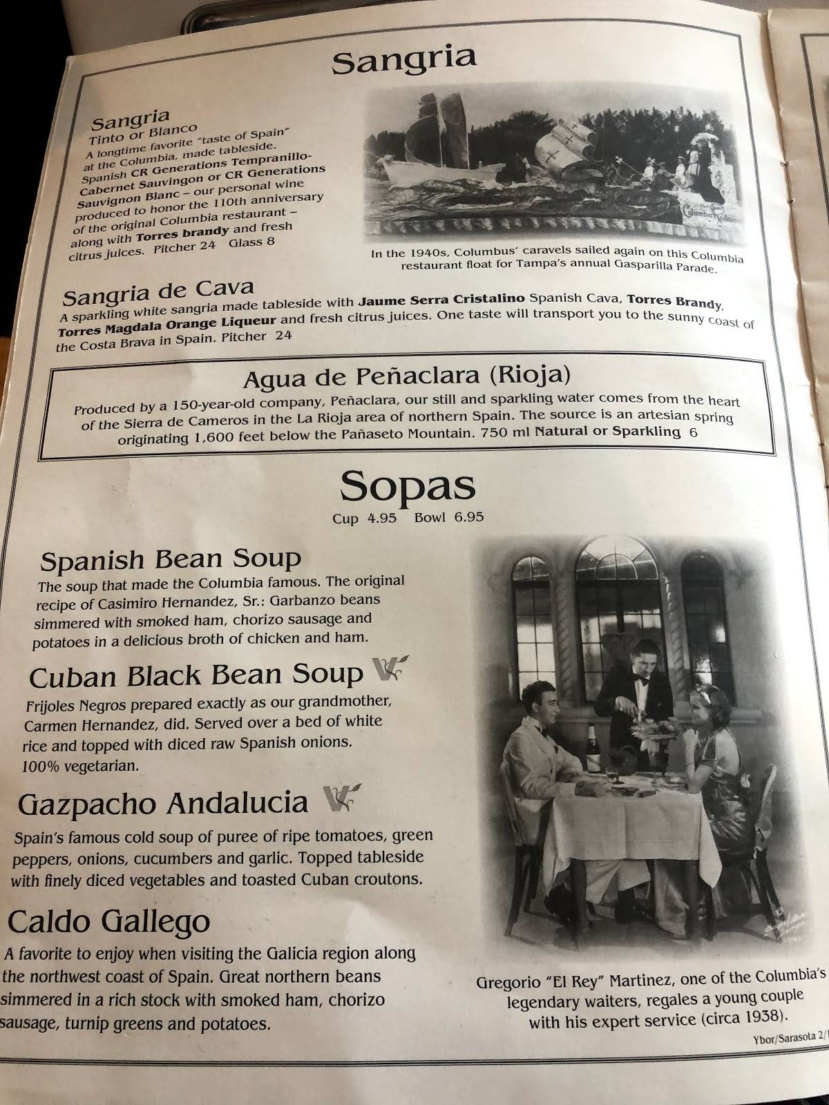 Menu at Columbia Restaurant, Sarasota