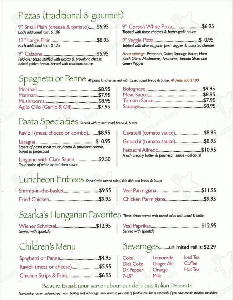 Menu at Corso's Italian Restaurant, North Olmsted