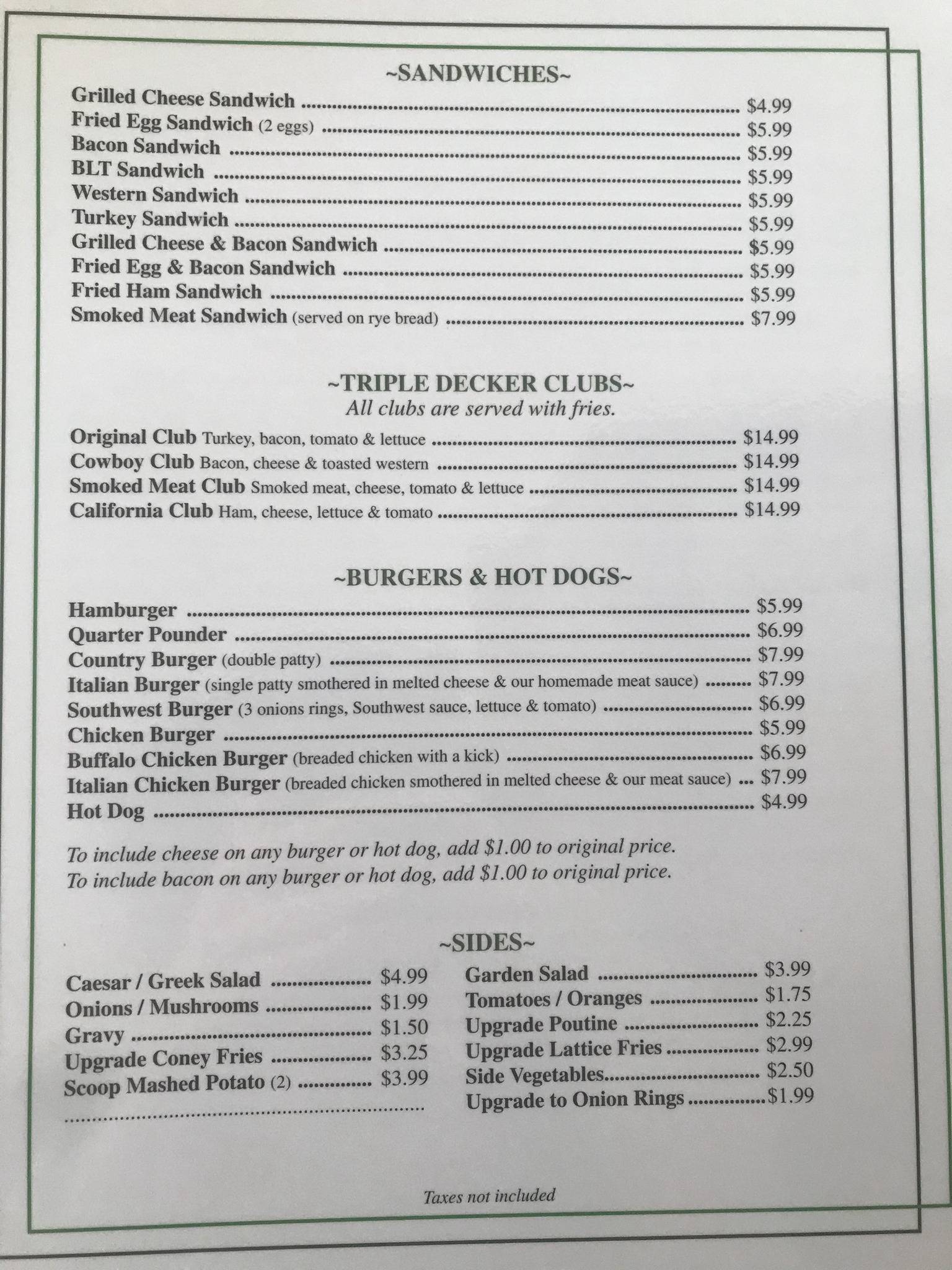 Menu at Country Diner Restaurant, Smiths Falls