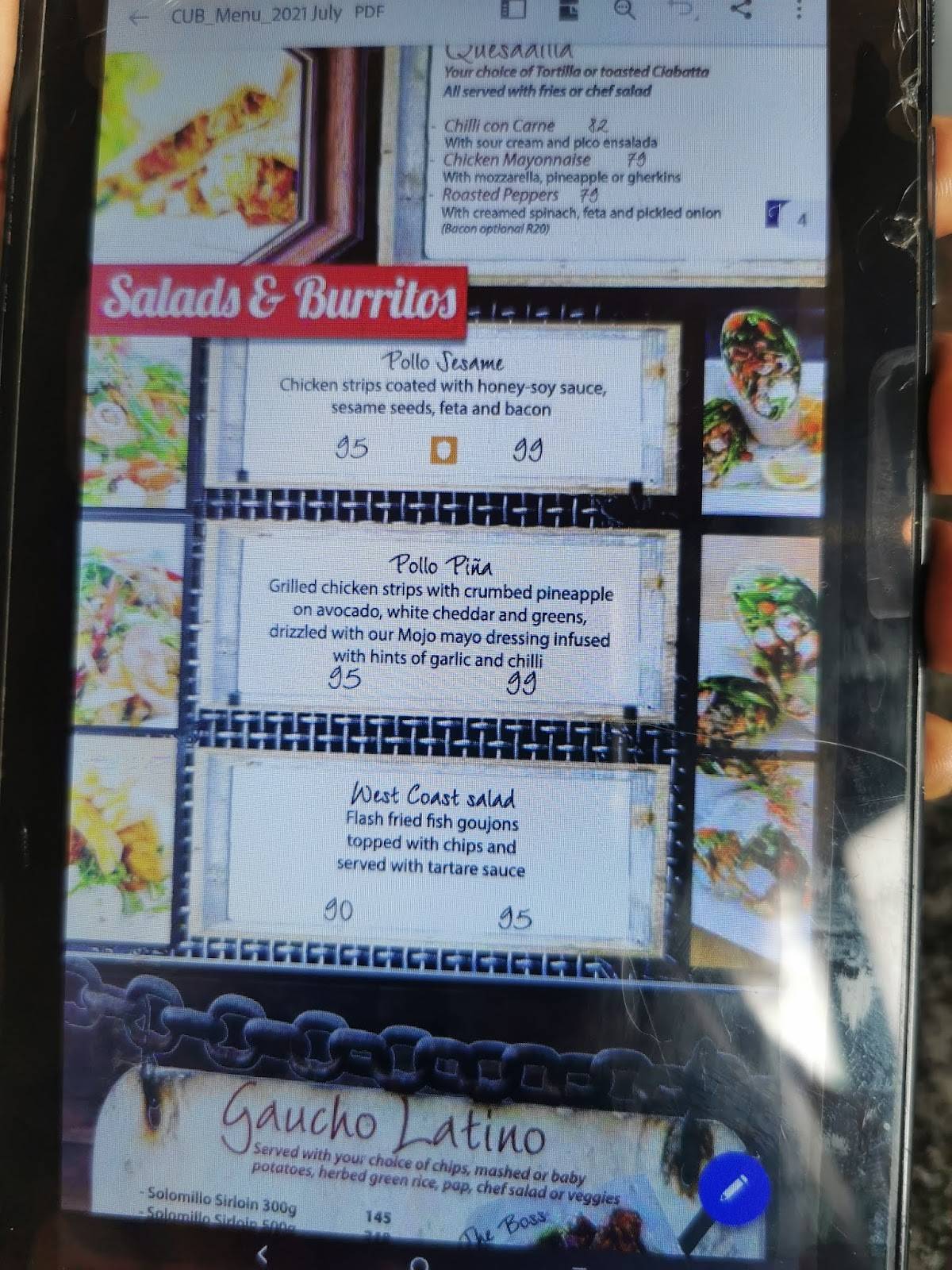 Menu at Cubaña Richards Bay restaurant, Richards Bay