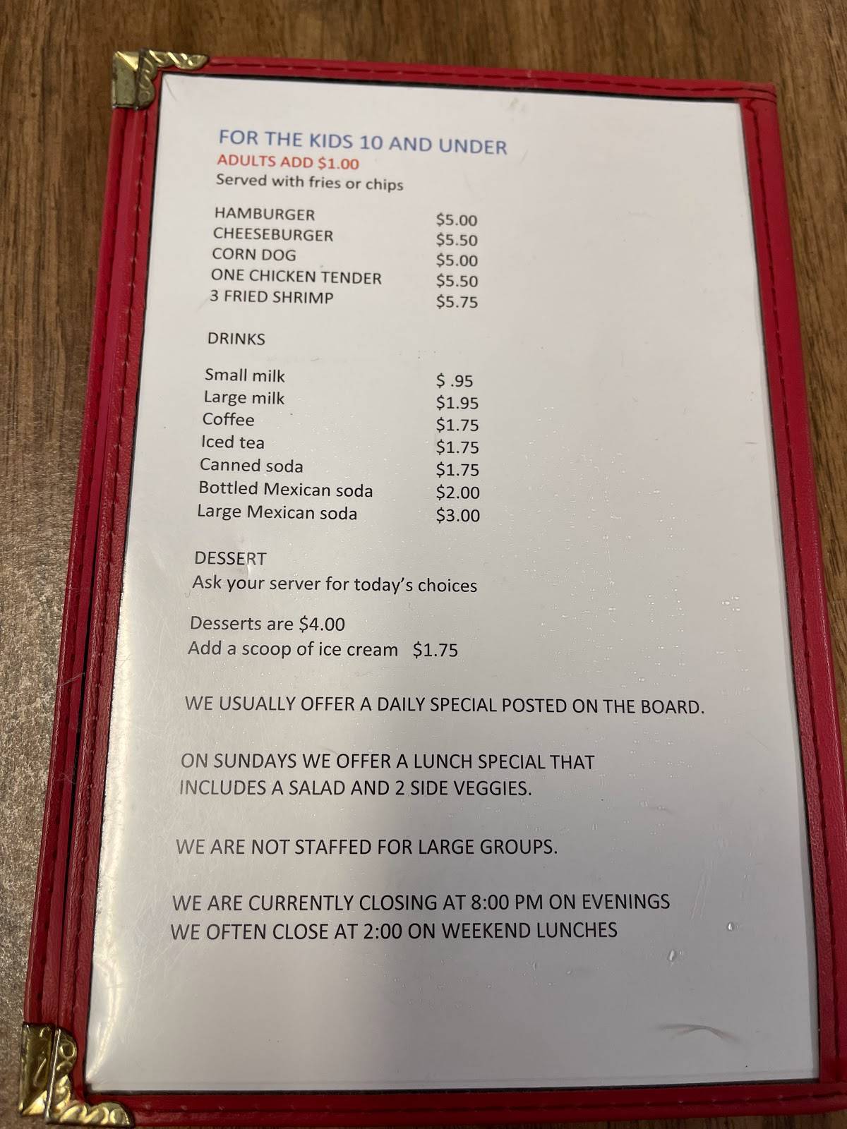 Menu at Cypress Creek Inn Restaurant, Comfort