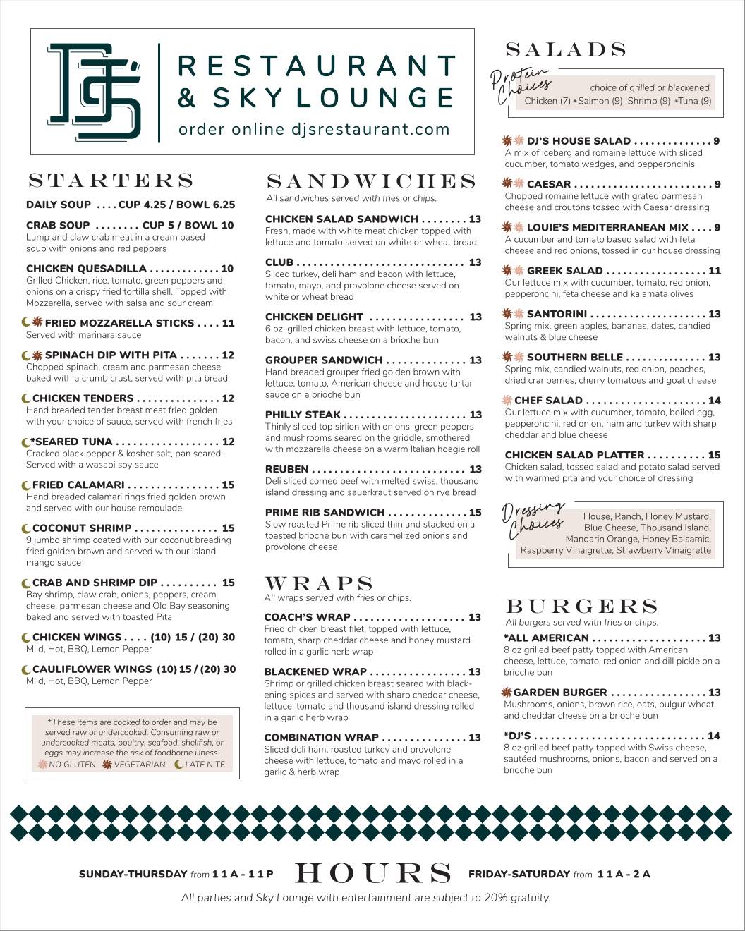 Menu at DJ's Restaurant, Salisbury