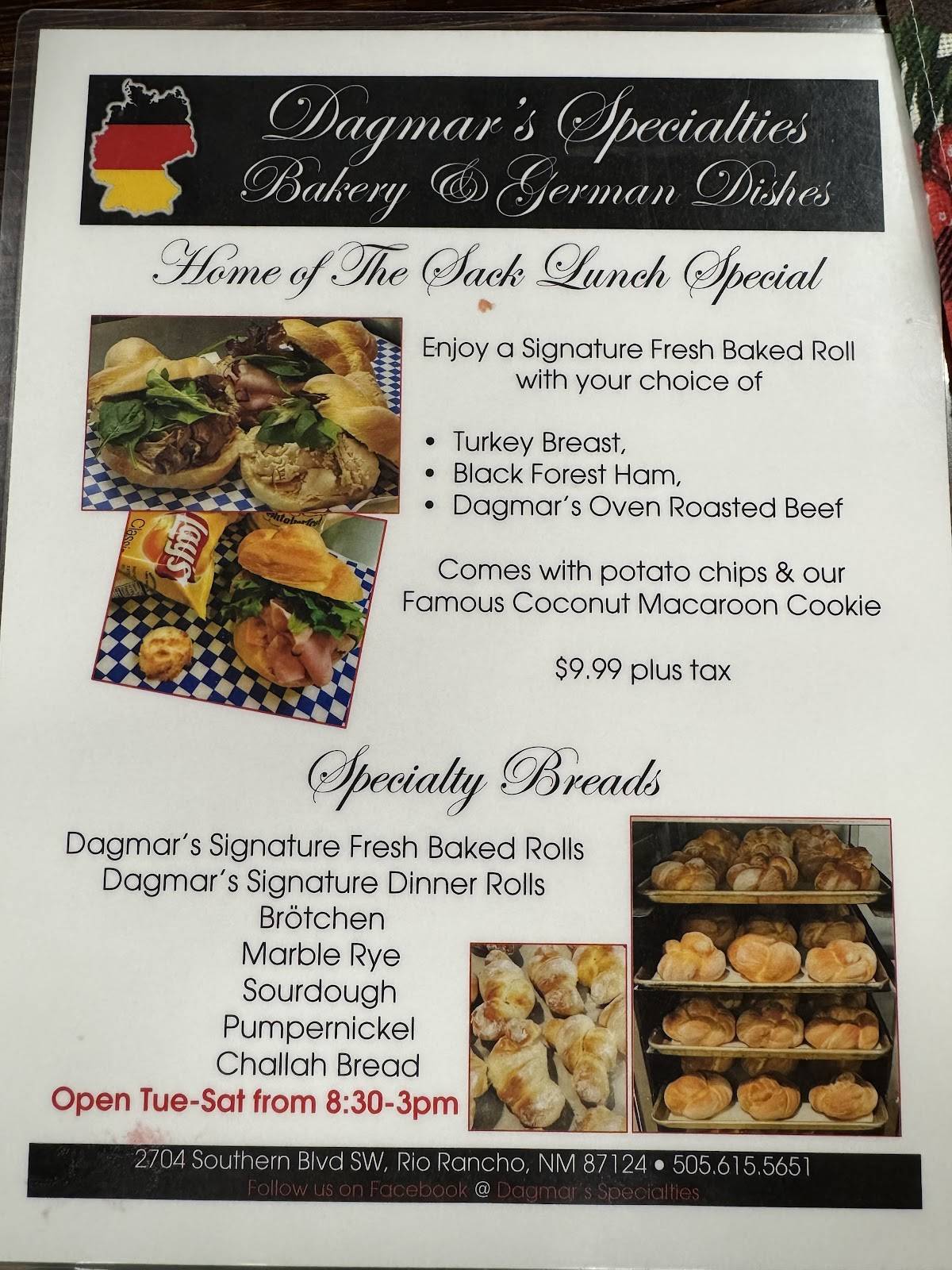 Menu at Dagmar's Specialties and German Bakery, Rio Rancho