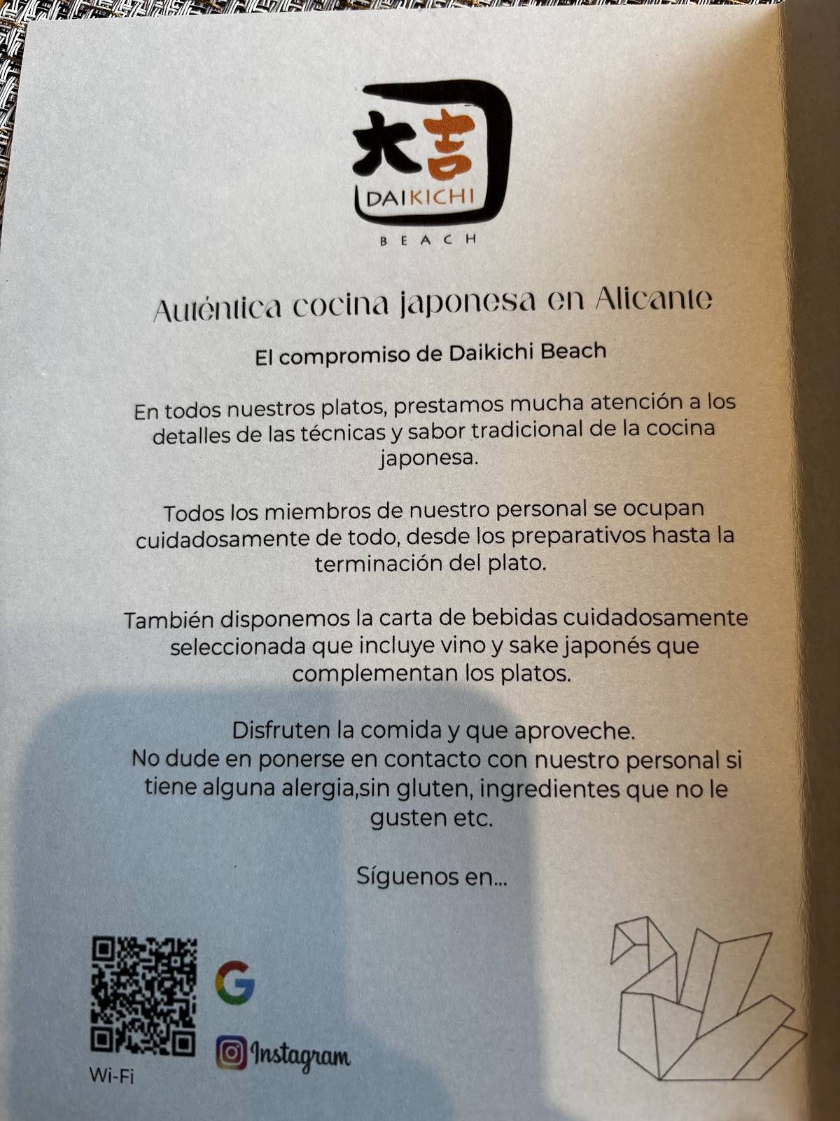 Carta del restaurante Daikichi Beach, Alicante