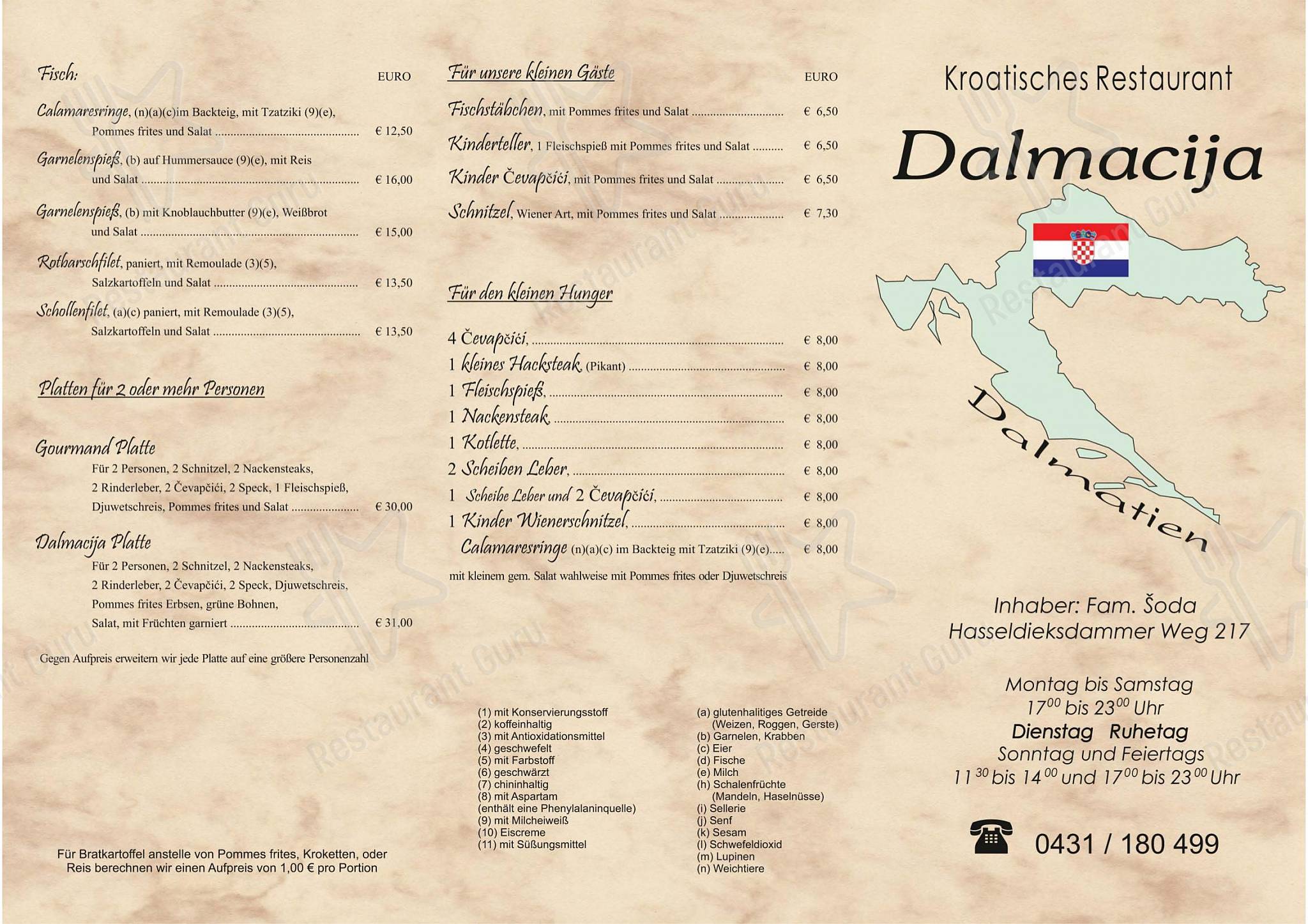 Speisekarte von Dalmacija Restaurant, Kiel