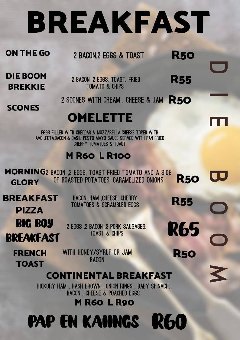 Menu at Die Boom restaurant, Pretoria