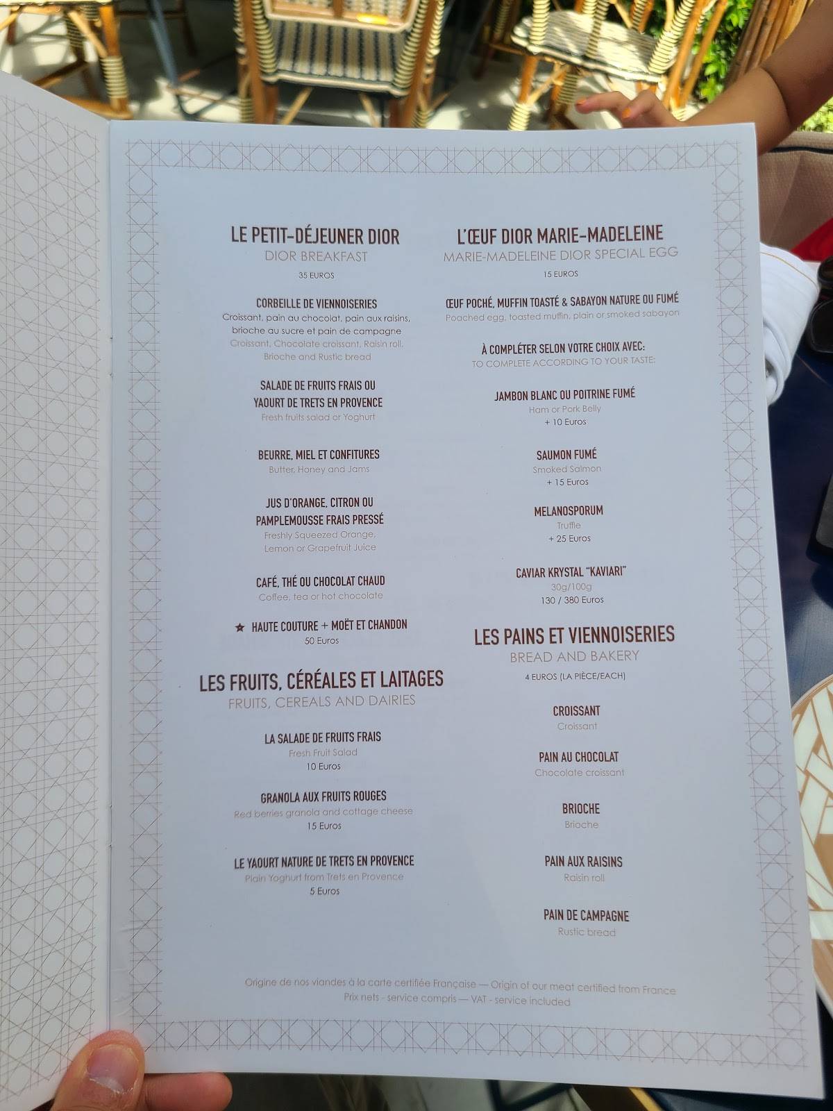 Menu at Dior Des Lices restaurant, Saint-Tropez