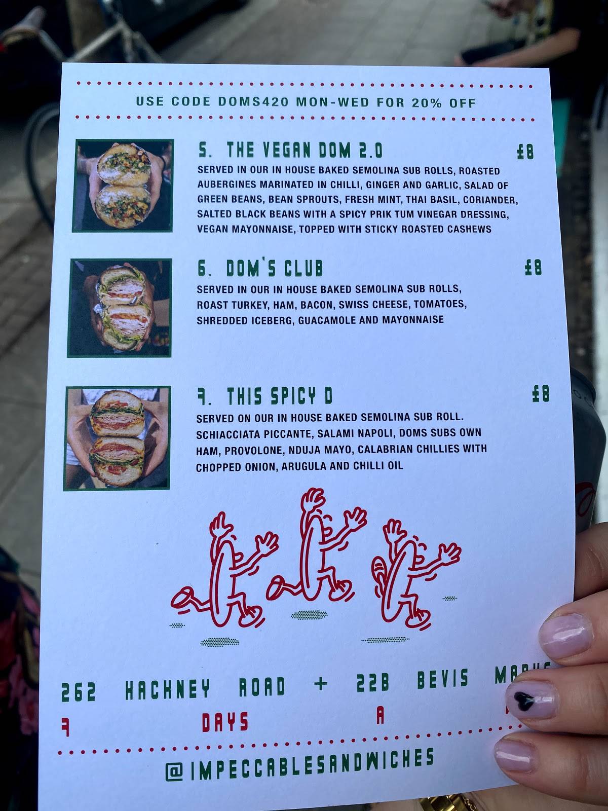 Menu at Dom's Subs restaurant, London, 262 Hackney Rd