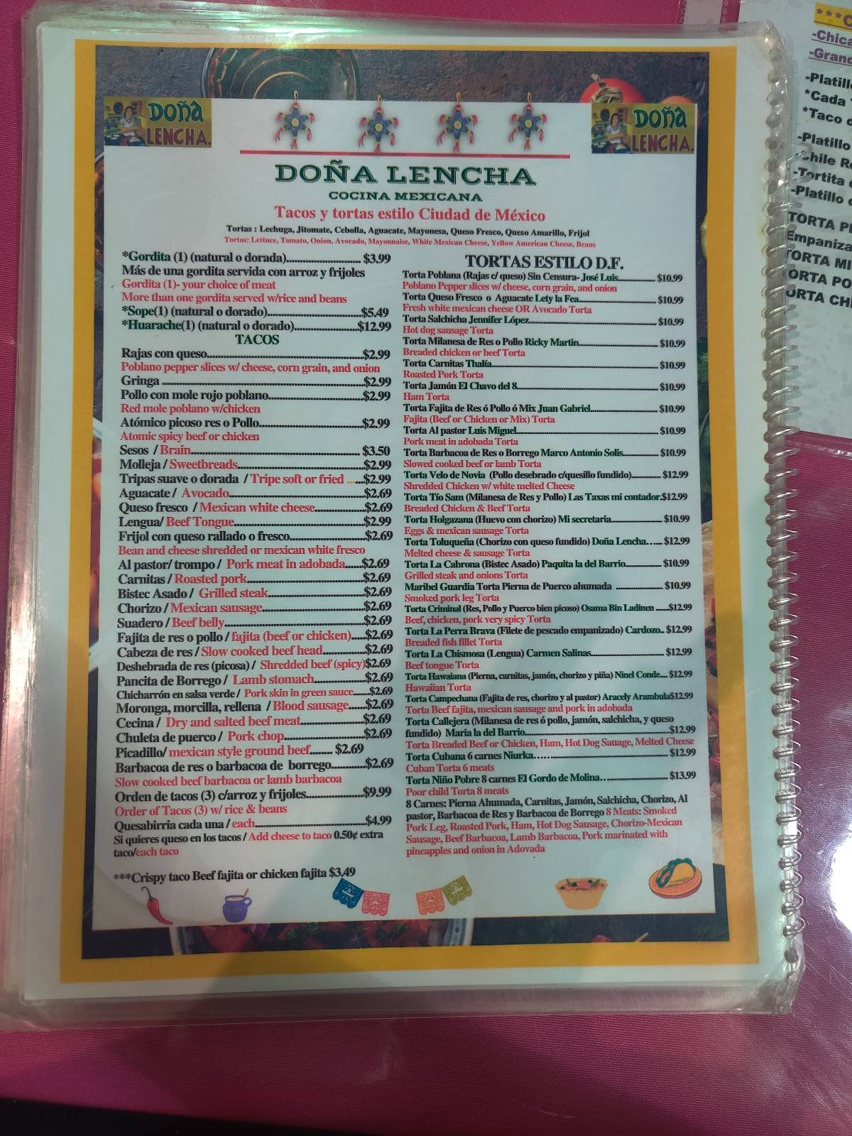 Menu at Dona Lencha restaurant, Irving, N Story Rd