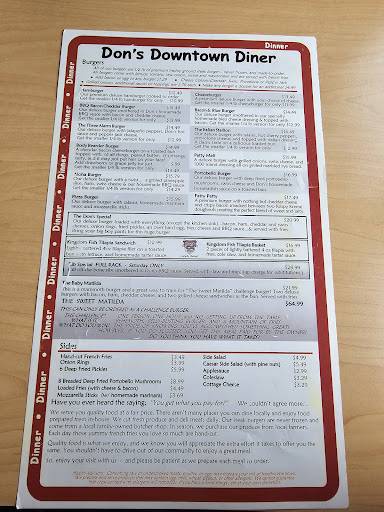 Menu at Don's Downtown Diner restaurant, Bellefontaine