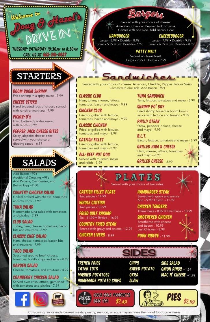 Menu at Doug & Hazel's Drive In restaurant, Columbus