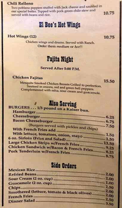Menu at El Bee's restaurant, Waterloo, N 240th St