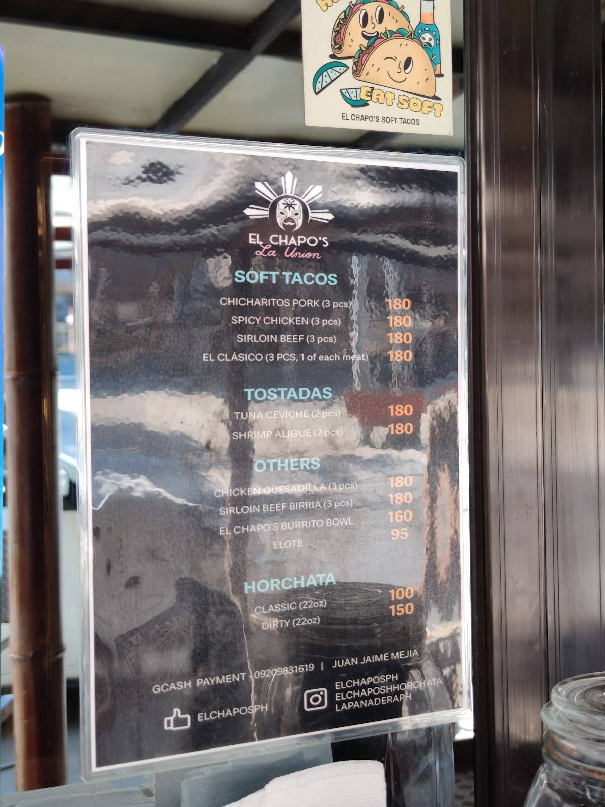 Menu at El Chapo's La Union restaurant, San Juan