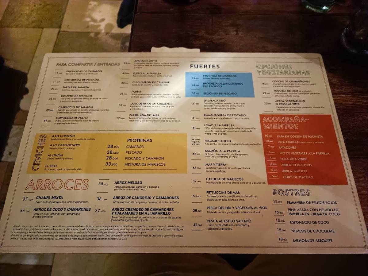 Carta del restaurante El kilo Marisquería, Bogotá
