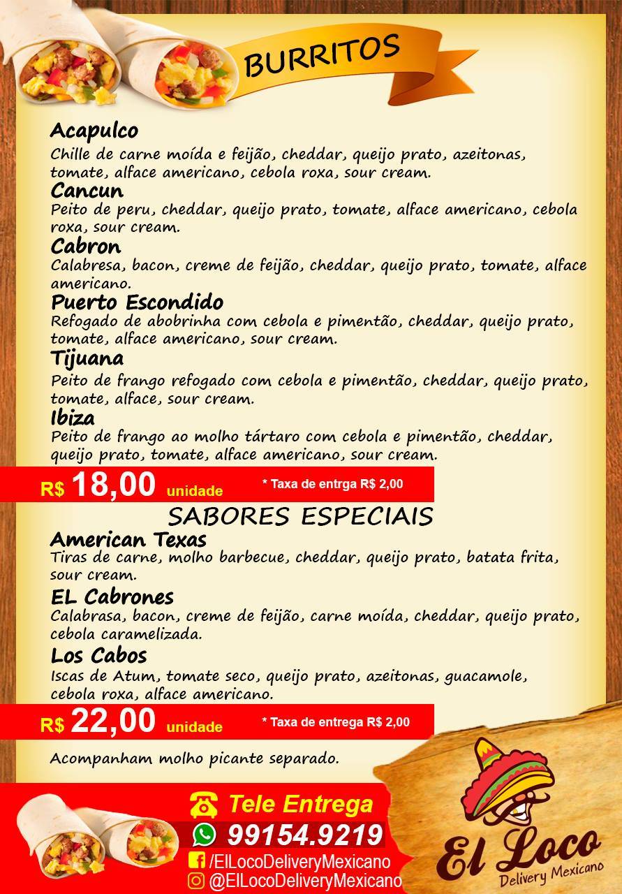 Carta del restaurante El Loco Delivery Mexicano, Navegantes
