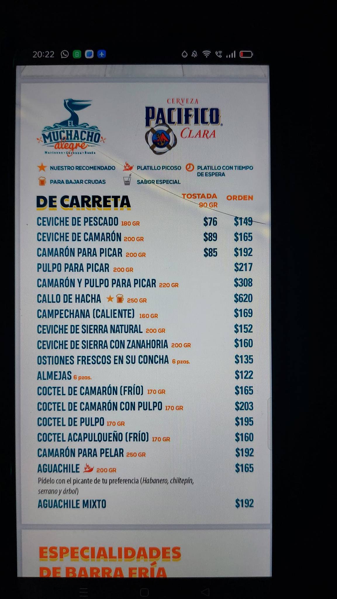 Carta del restaurante El Muchacho Alegre, Mazatlán, P.º Claussen 46-C