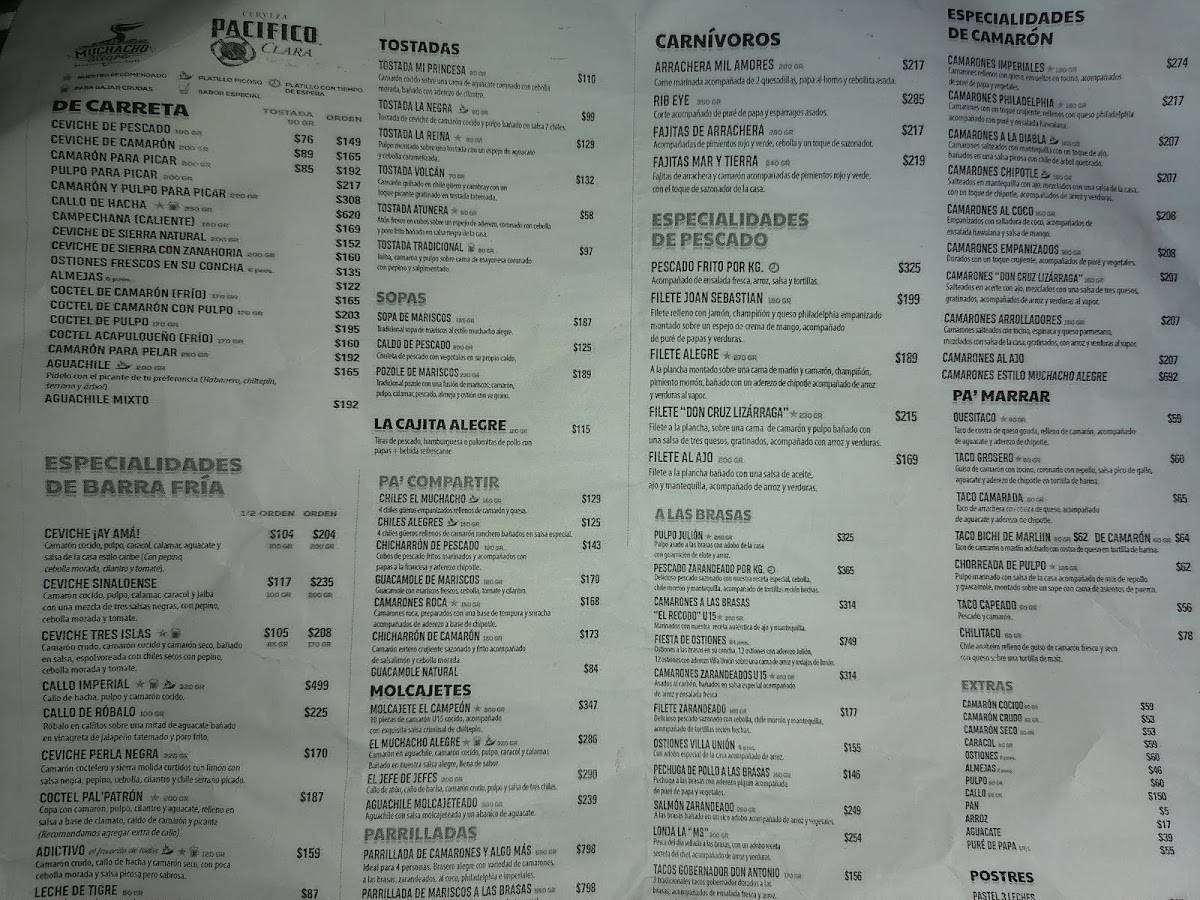Carta del restaurante El Muchacho Alegre, Mazatlán, P.º Claussen 46-C