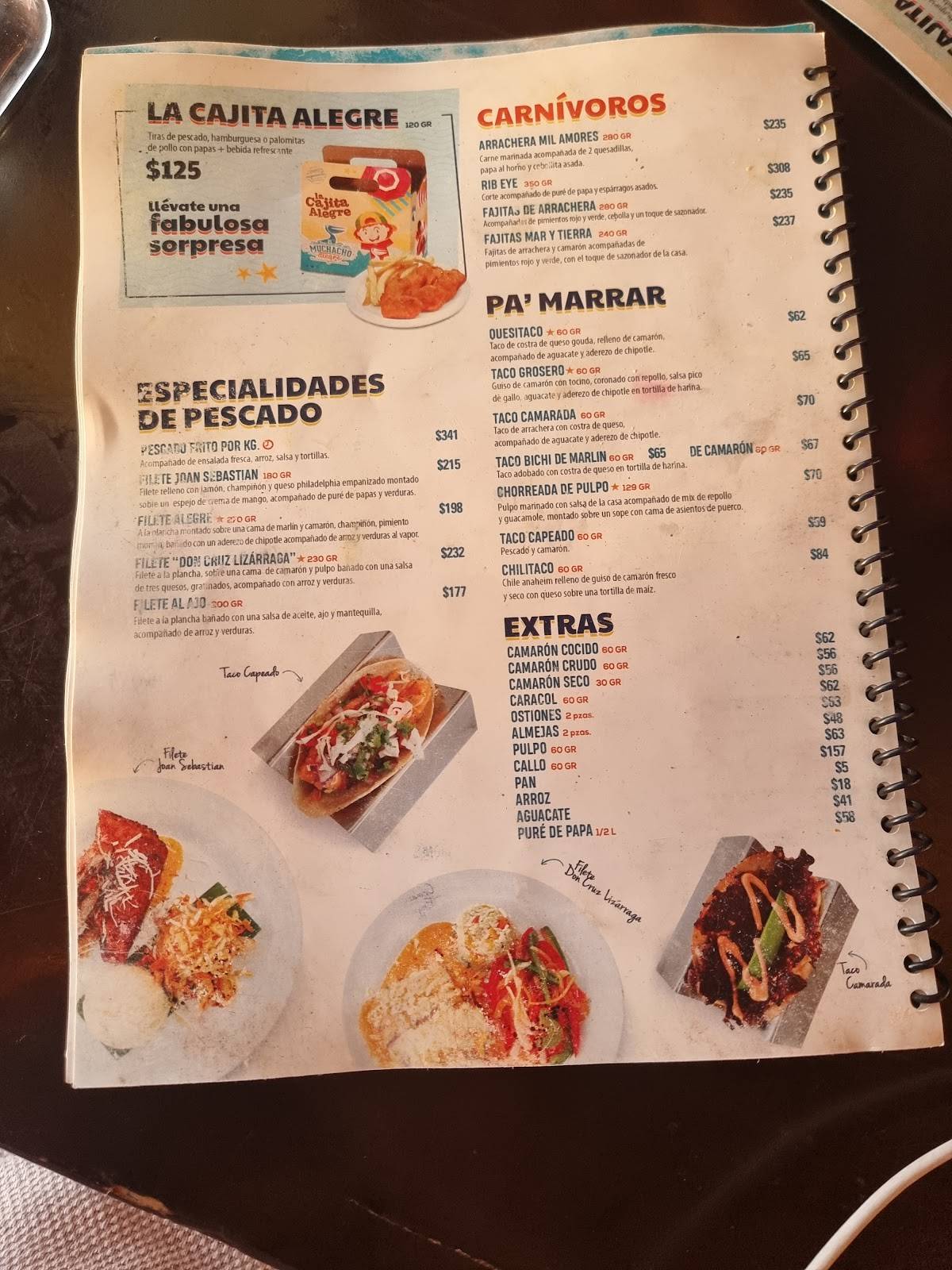 Carta del restaurante El Muchacho Alegre, Mazatlán, P.º Claussen 46-C