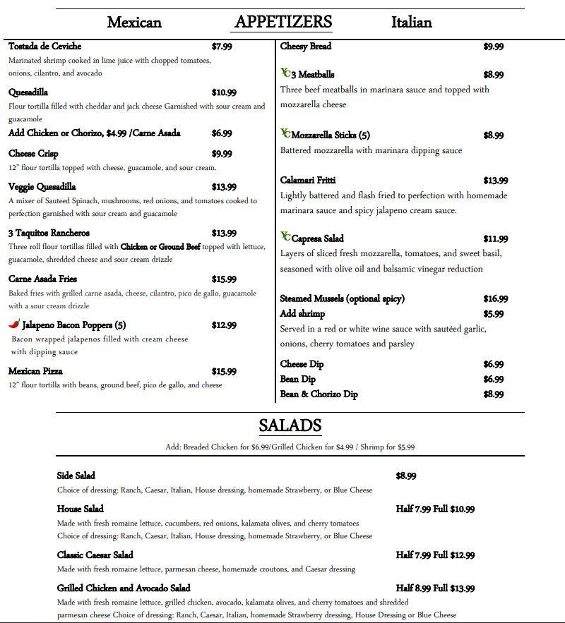 Menu at El Paraiso Mexican-Italian Restaurant, Chino Valley