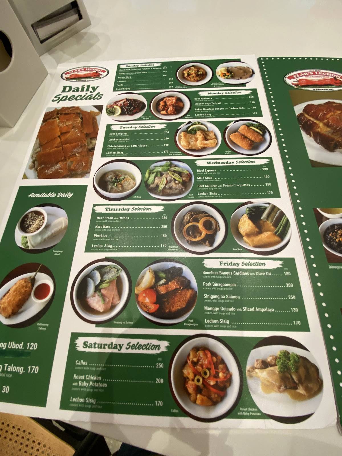 Menu at Elars lechon restaurant, San Juan