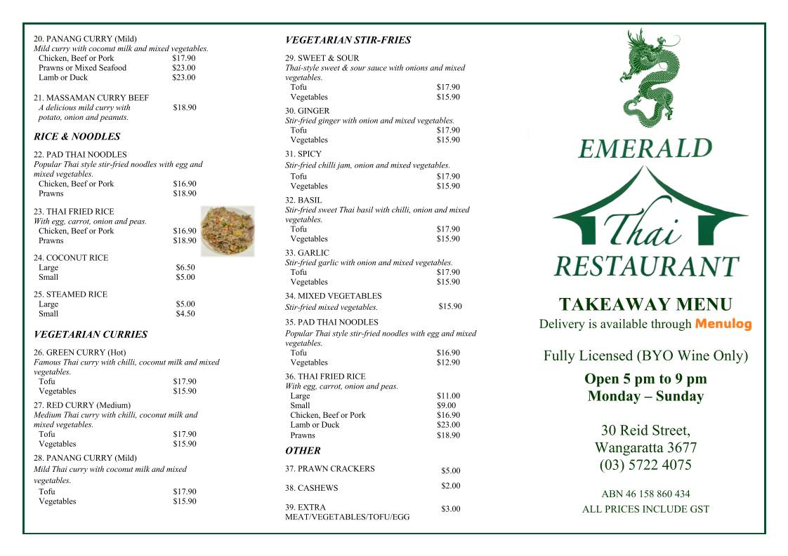 Menu at Emerald Thai Restaurant, Wangaratta