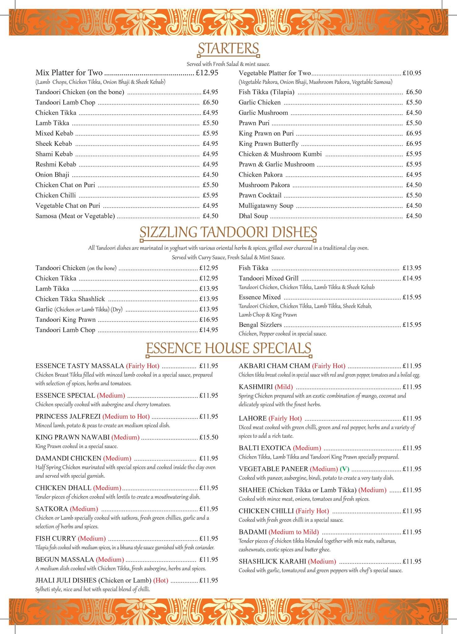 Menu at Essence restaurant, Altrincham, 83 Manchester Rd