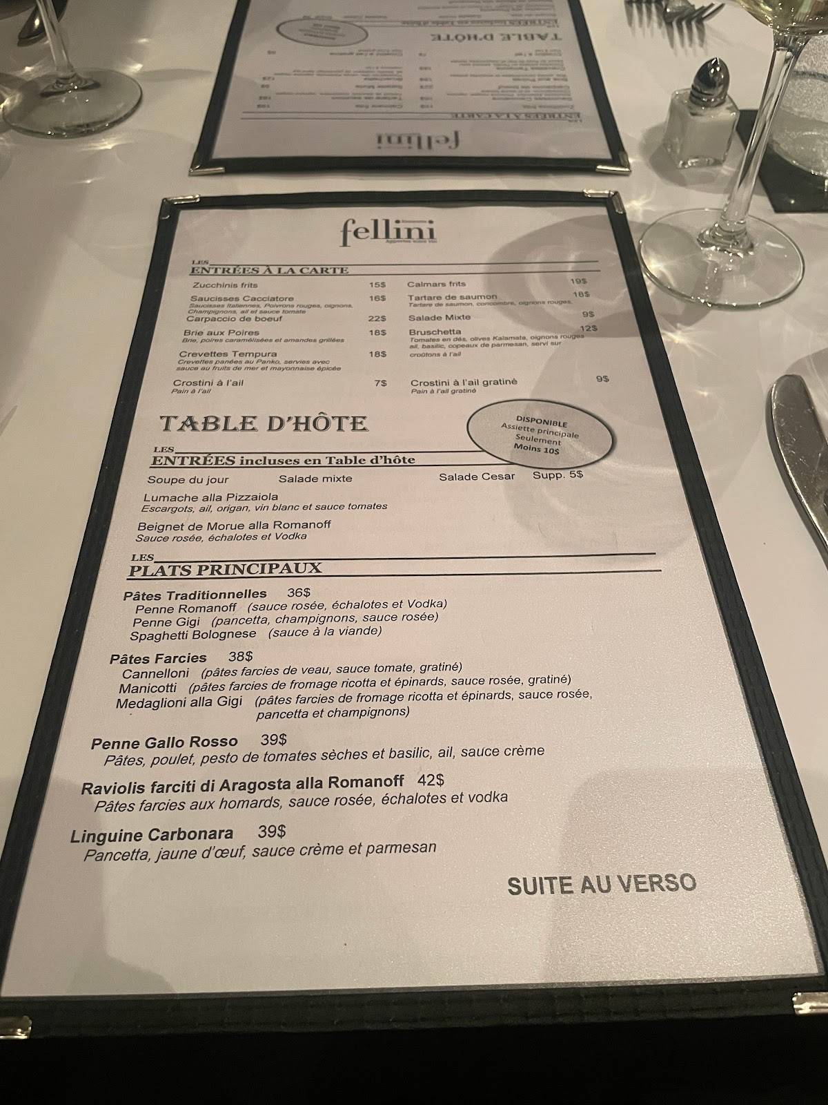 Menu au Restaurant Le Fellini, Saint-Eustache