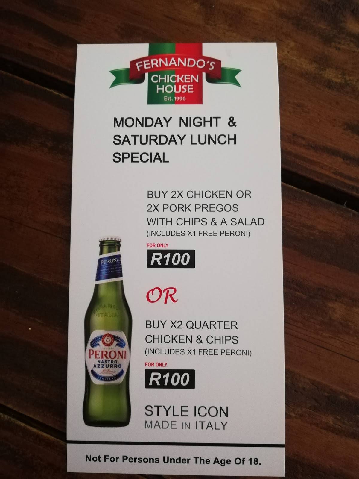 Carta del restaurante Fernando's Chicken House, Puerto Elizabeth