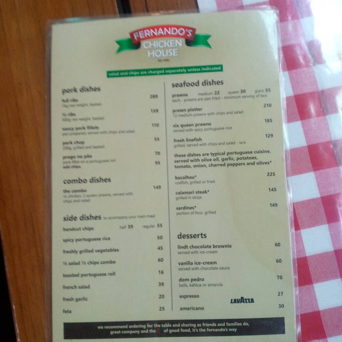 Menu at Fernando's Chicken House restaurant, Port Elizabeth