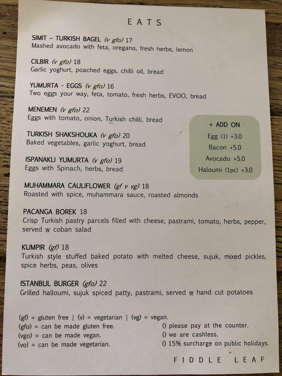 Menu at Fiddle Leaf cafe, Bulimba
