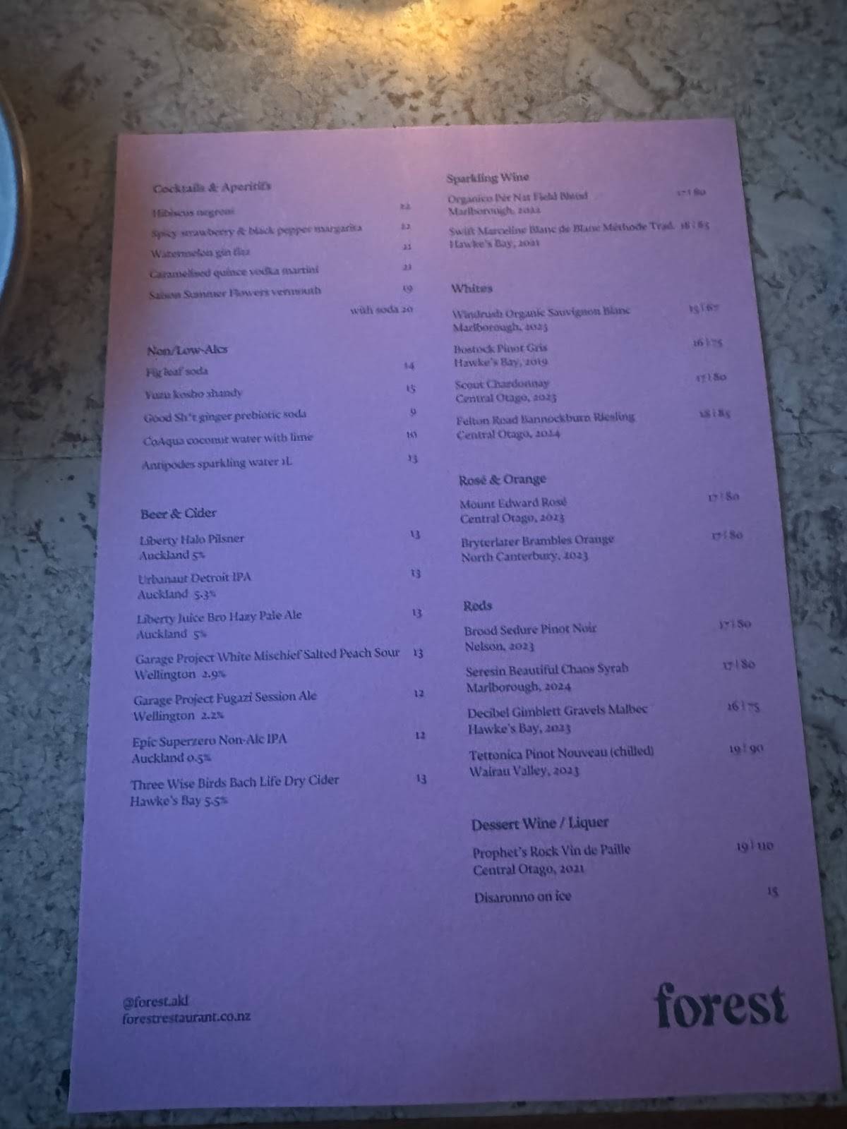 Menu at Forest restaurant, Auckland, 243 Dominion Rd