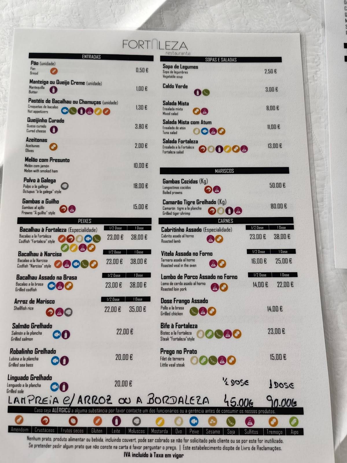 Carta del restaurante Fortaleza del Valença, Valença