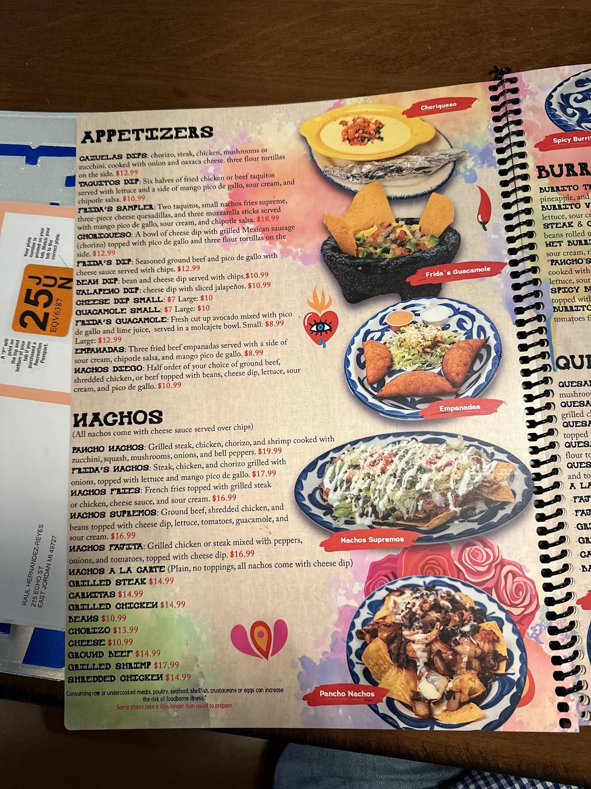 Menu at Frida's Mexican grill restaurant, Traverse City