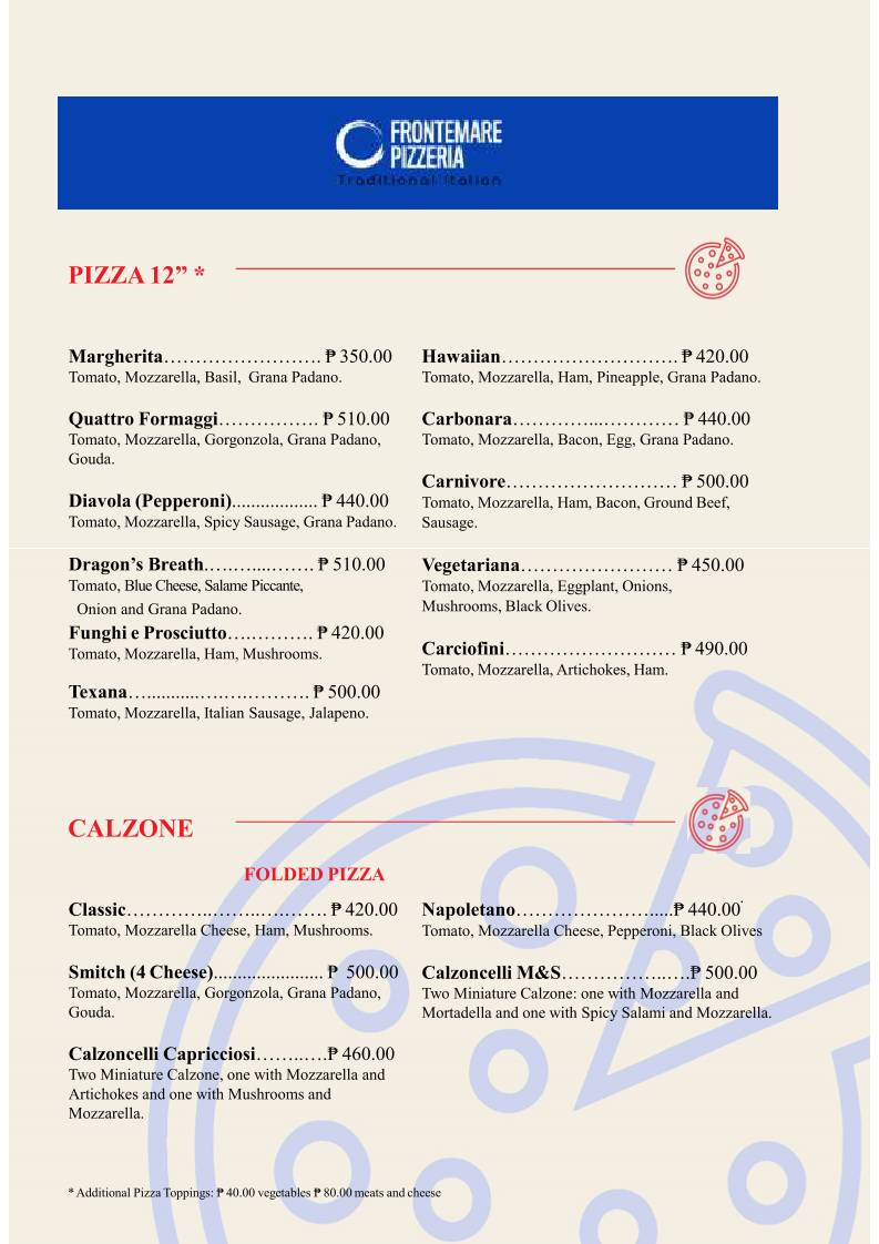 Menu at Frontemare Pizzeria, Dauin