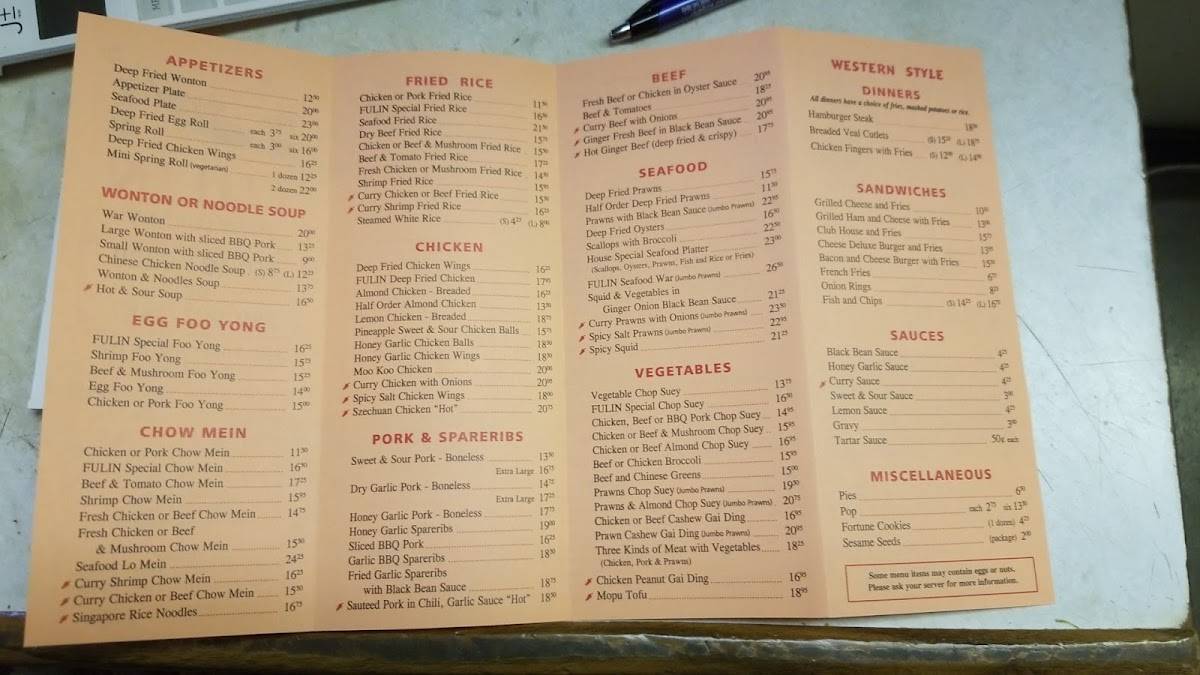 Menu at Fulin Restaurant, Quesnel