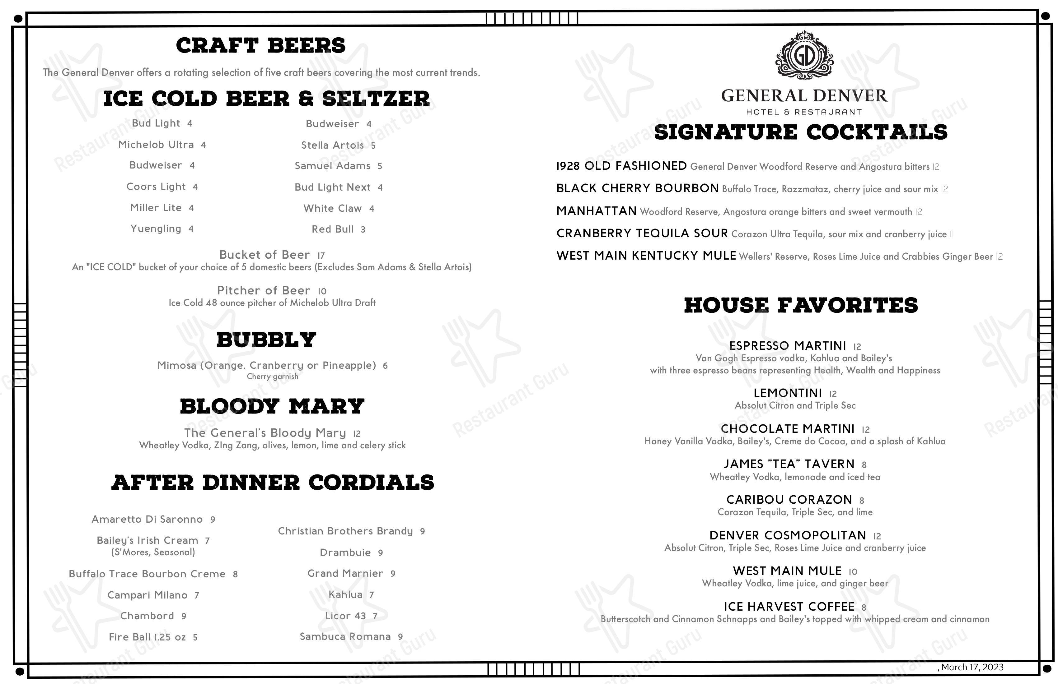Menu at General Denver Hotel restaurant, Wilmington