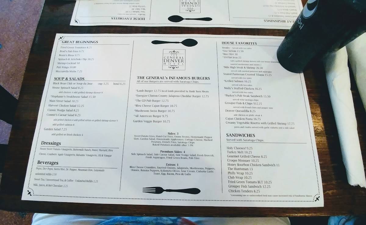 Menu at General Denver Hotel restaurant, Wilmington