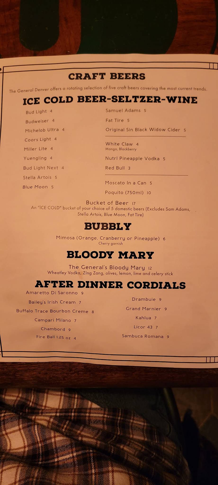 Menu at General Denver Hotel restaurant, Wilmington