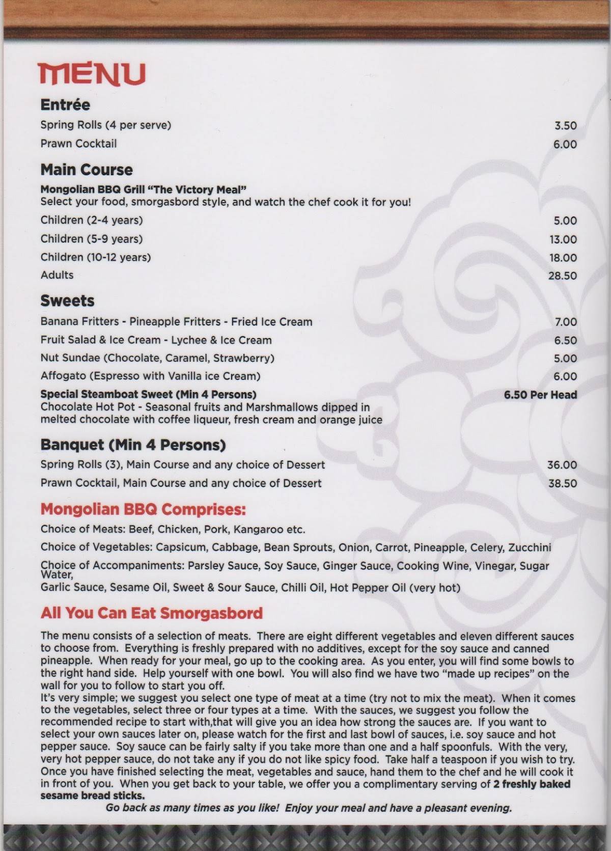 Menu at Genghis Khan Mongolian BBQ Restaurant, Rostrevor