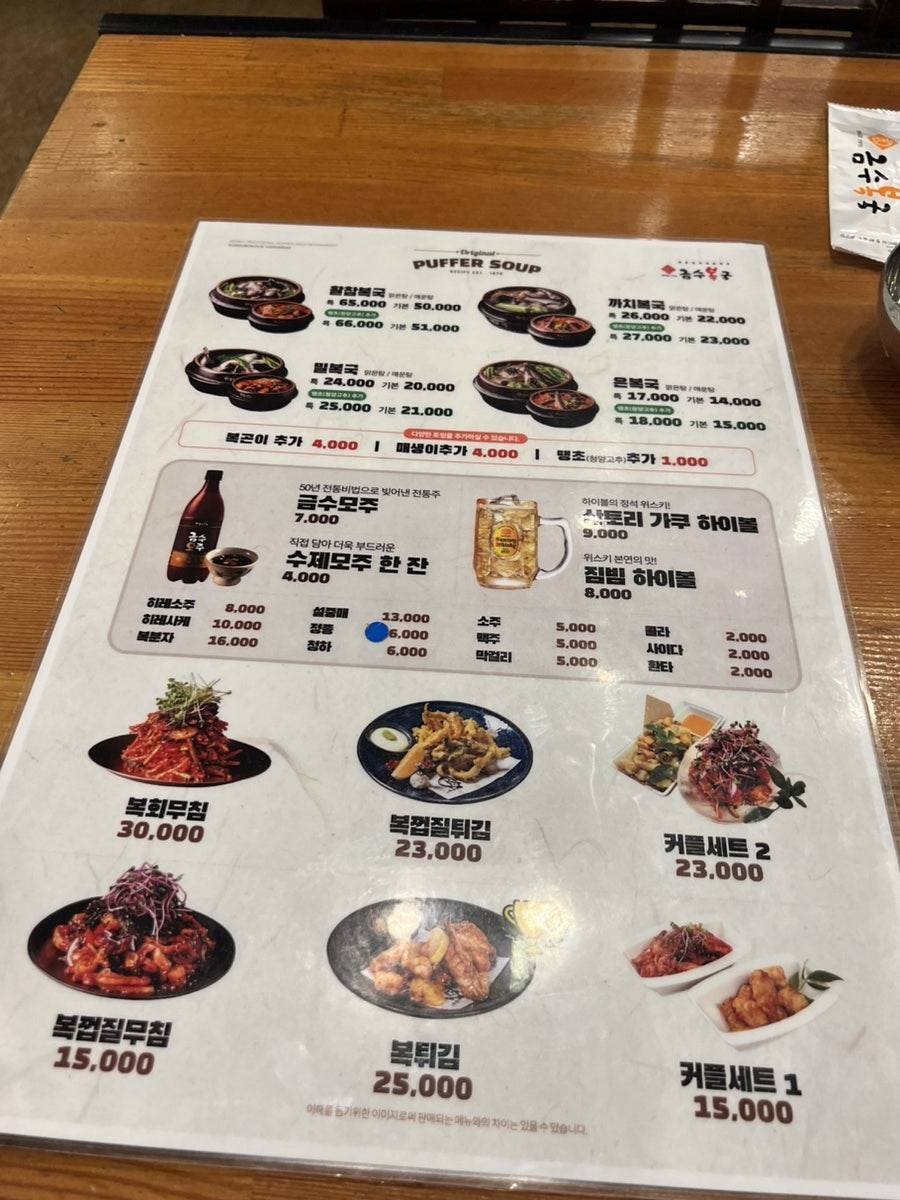 Menu at Geumsubokguk, Haeundae Head Store restaurant, Busan, 23 ...