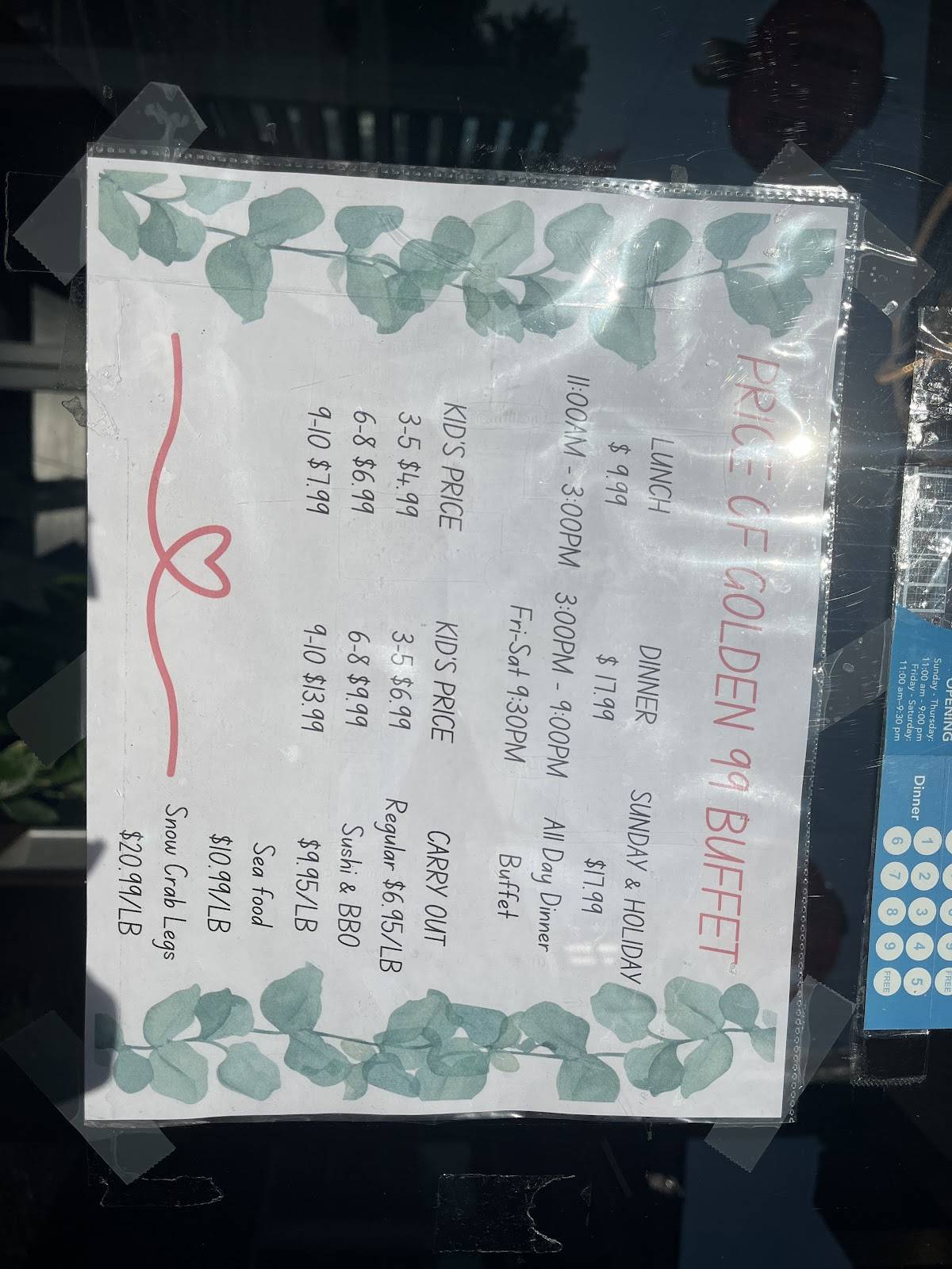 Menu at Golden 99 Buffet restaurant, Kokomo