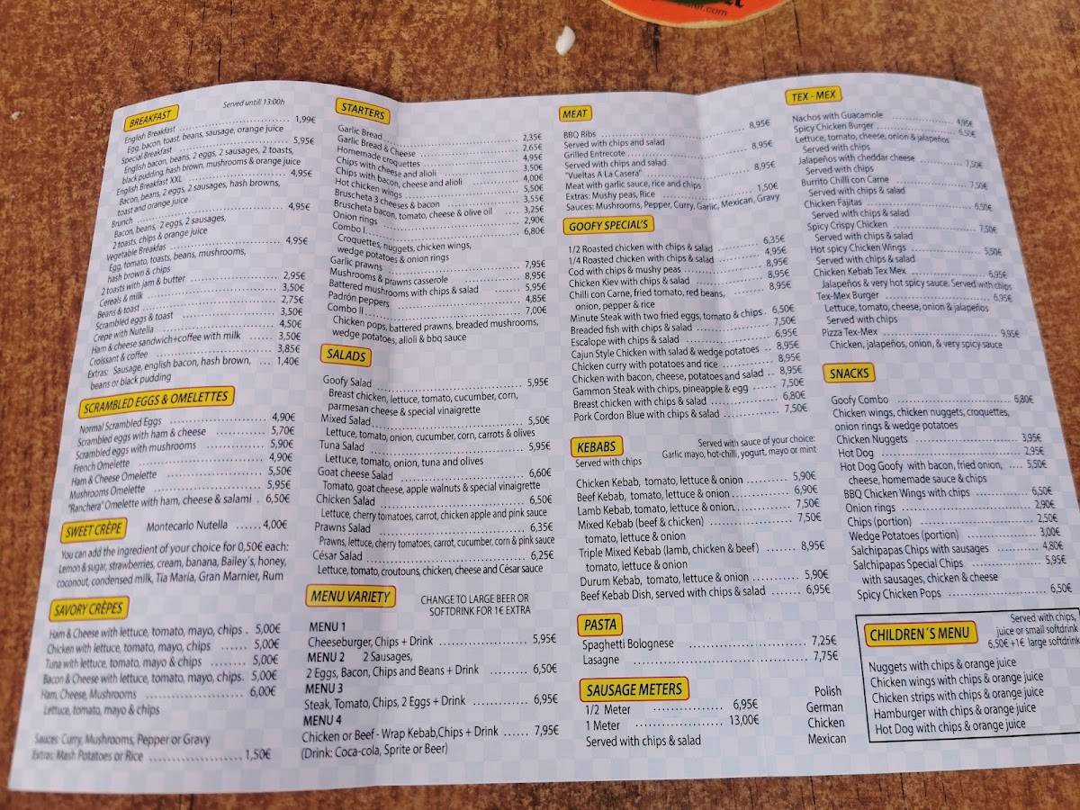 Menu at Goofy Burger restaurant, Tías